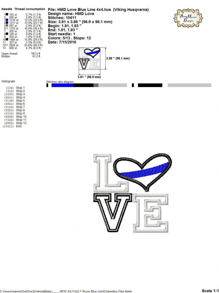 Love Blue Line - Embroidery and Cutting Option - HoopMama