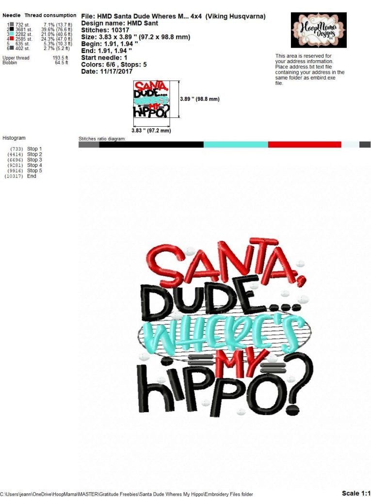 Santa Dude Where's My Hippo - Embroidery and Cutting Options - HoopMama